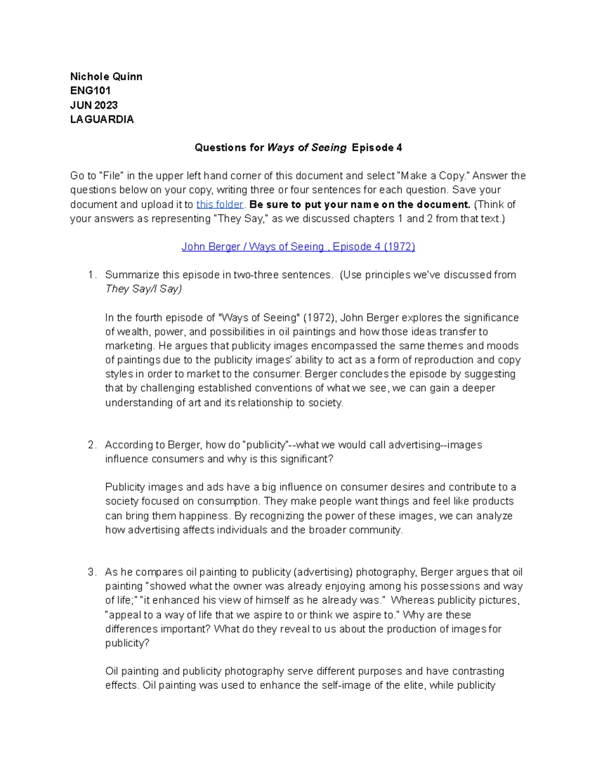 Ways of Seeing Episode 4 Discussion Questions - Nichole Quinn ENG JUN ...