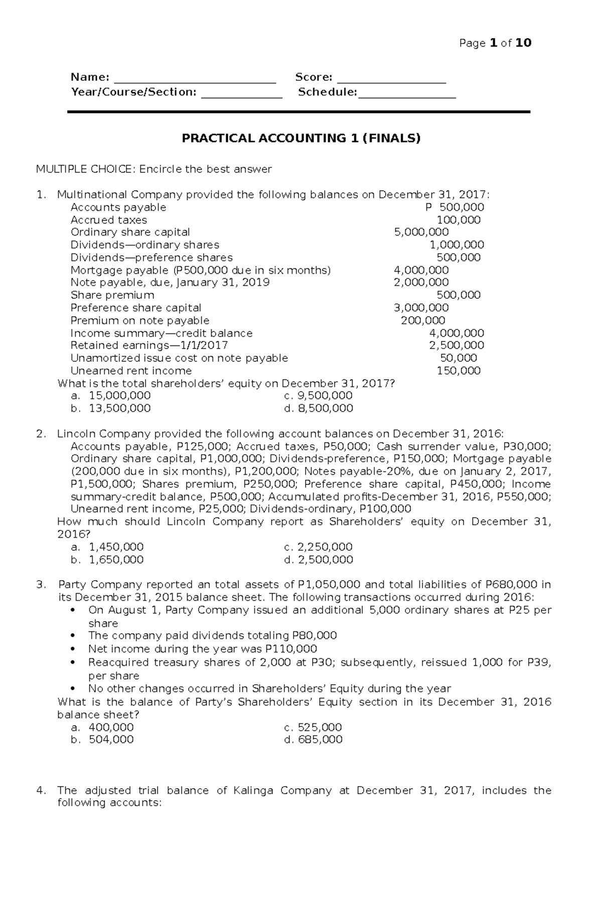 Practical Accounting 1 ( Finals) - Name ...