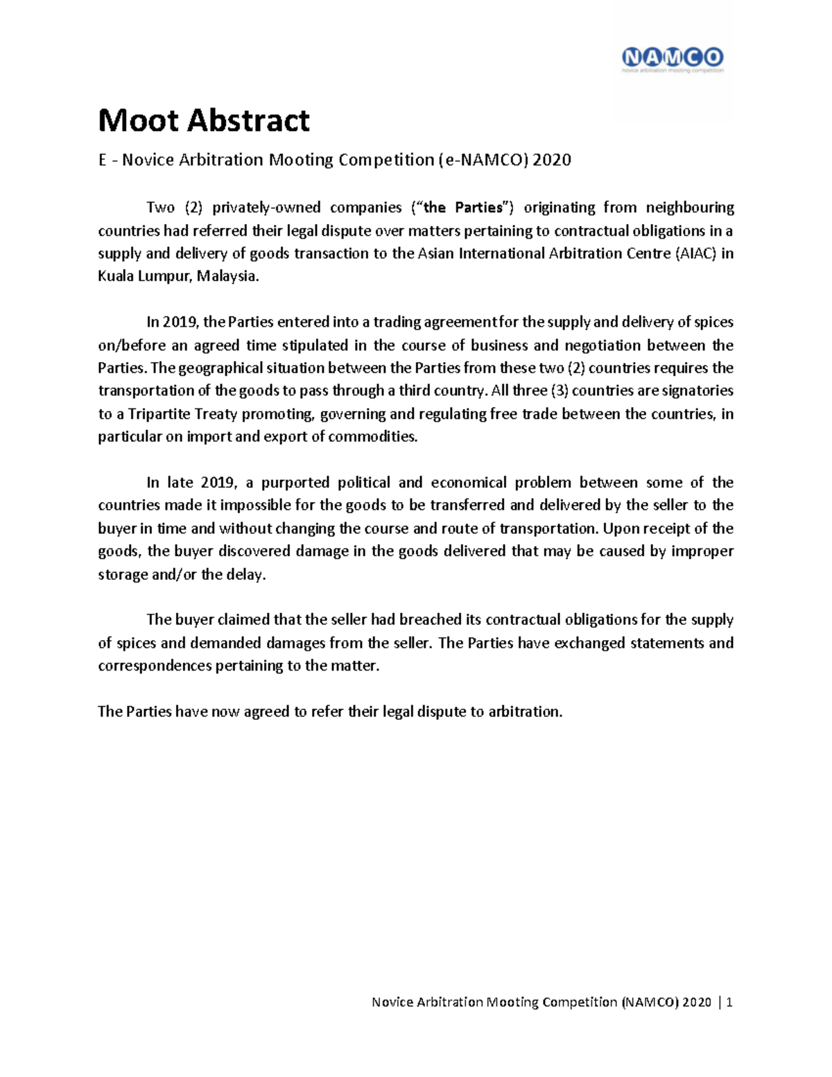 E- Namco Moot Abstract 2020 - Novice Arbitration Mooting Competition ...