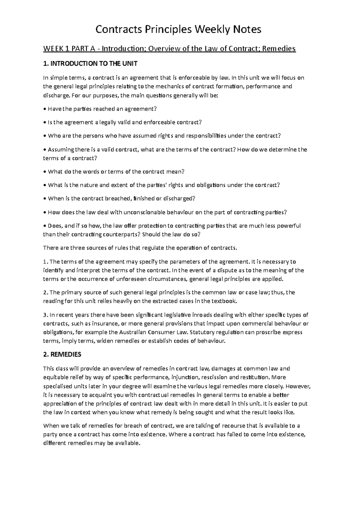 Weekly Notes Principles Of Contracts Week 1 Part A Introduction Overview Of The Law Of