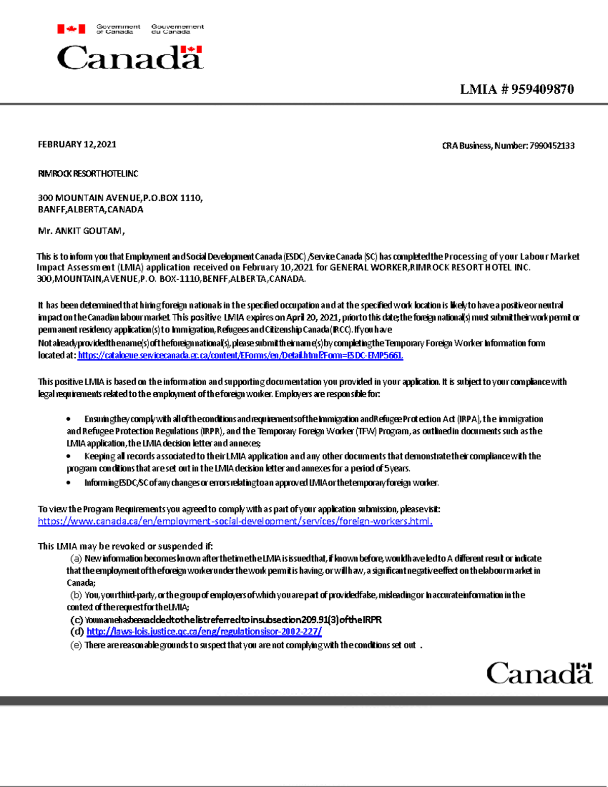 529363724 Lmia 959409899 Parvinder Saini - RIMROCK RESORT HOTEL INC Mr ...