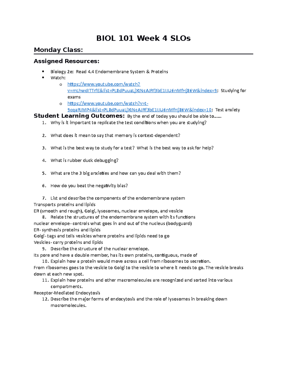 Hardy BIO101 Week 4 SLOs - BIOL 101 Week 4 SLOs Monday Class: Assigned ...