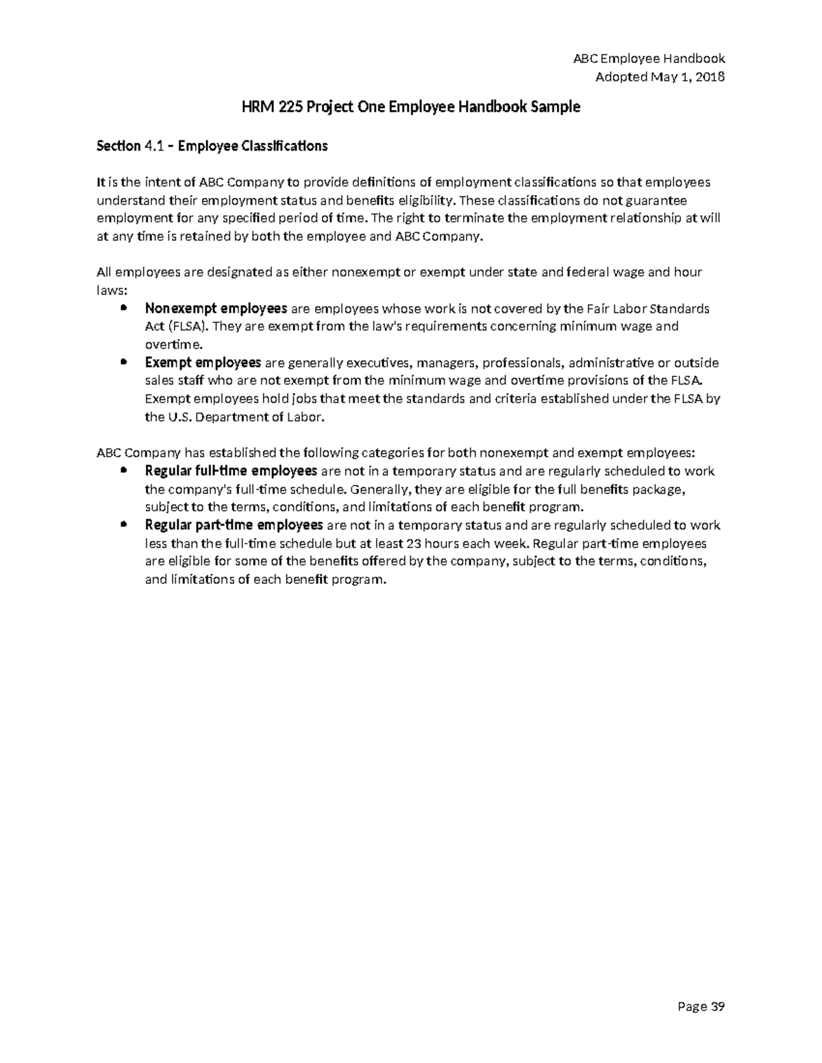 HRM 225 Project One Employee Handbook Sample - ABC Employee Handbook ...