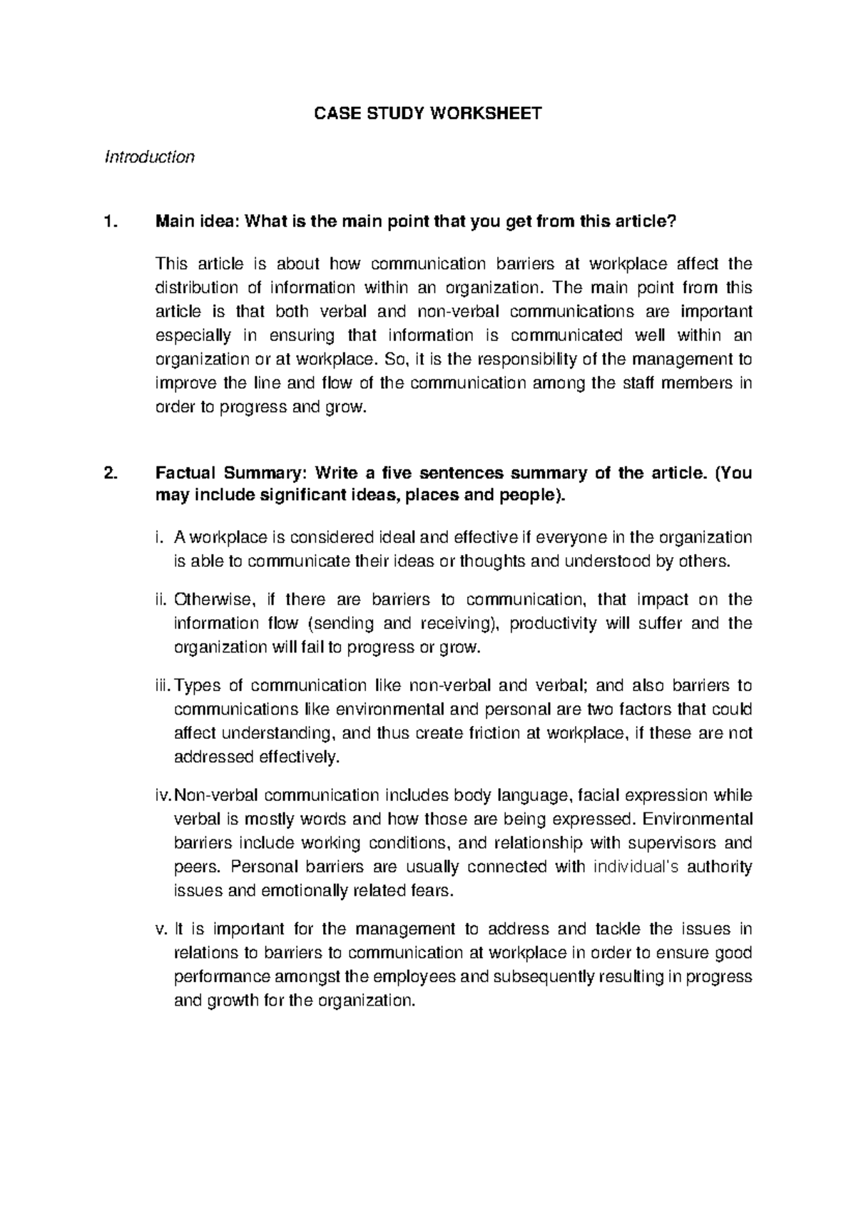 ELC270 - CASE Study Barriers TO Communication - Group 8 - CASE STUDY ...