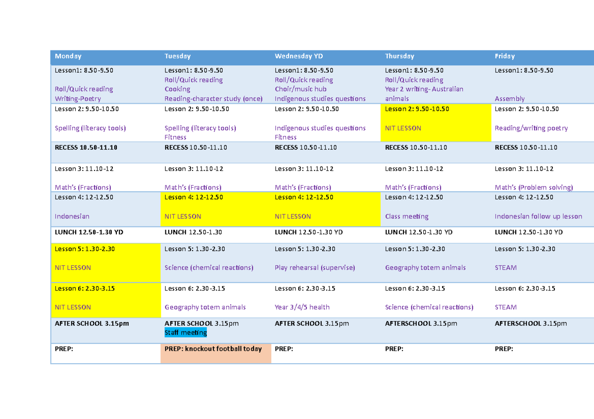 School Weekly overview example - Monday Tuesday Wednesday YD Thursday ...