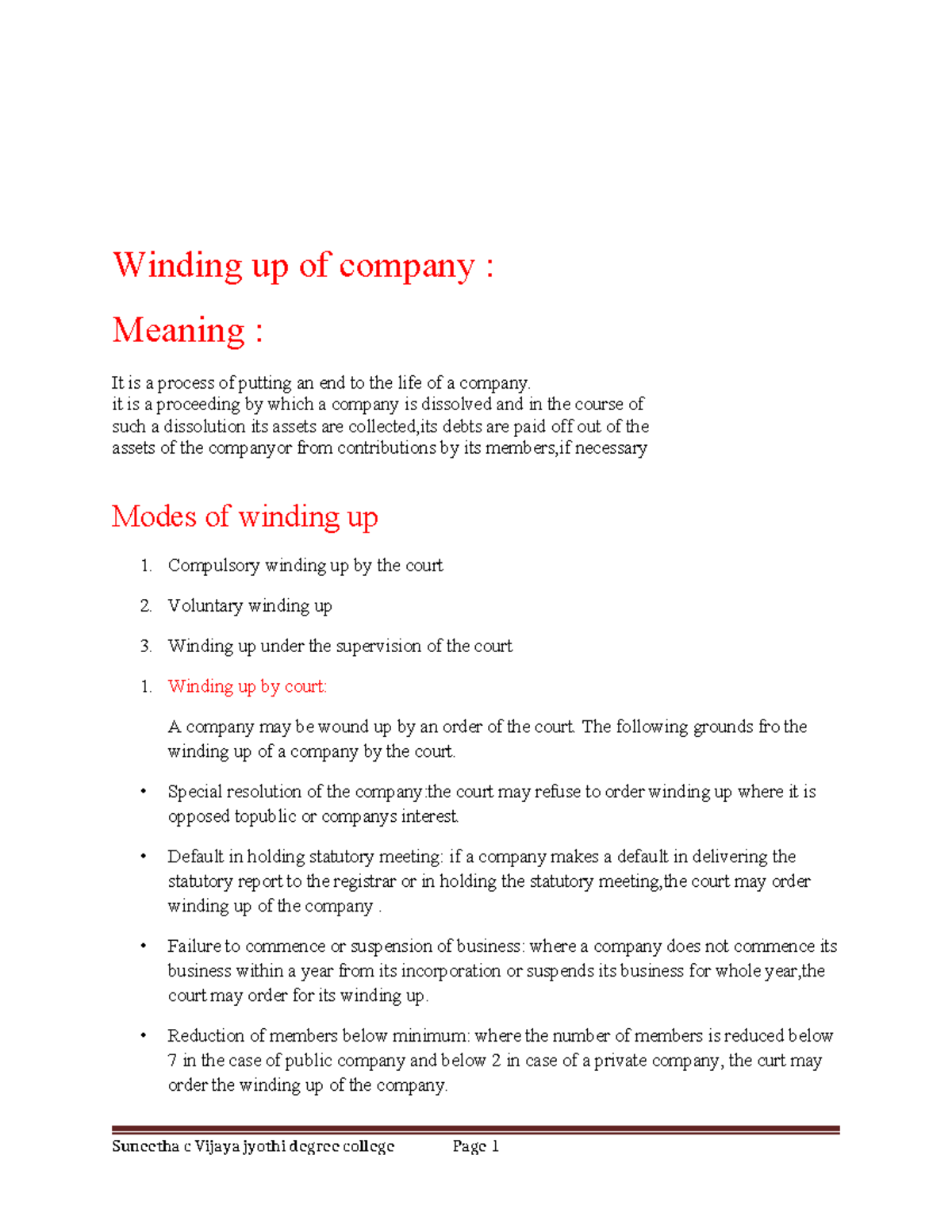 Winding up of company notes - Winding up of company : Meaning : It is a ...