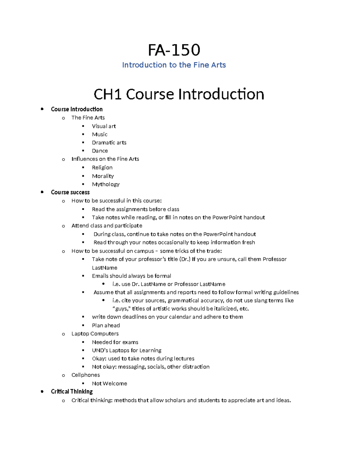 FA-150 Notes - FA- Introduction to the Fine Arts CH1 Course ...