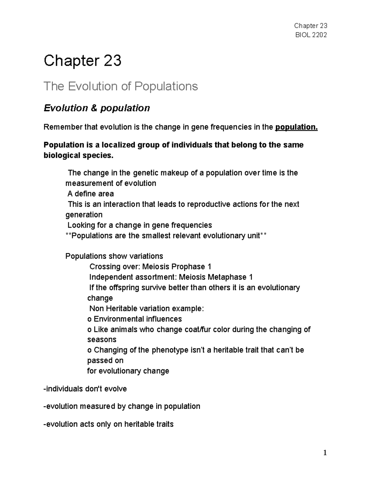 Chapter 23 Notes - BIOL 2202 Chapter 23 The Evolution of Populations ...