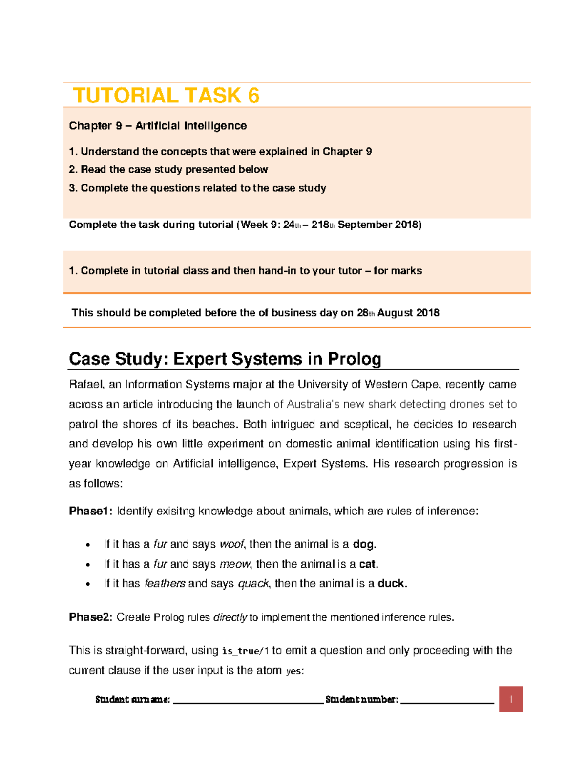 Week 11 - Tutorial 6 - IFS132 - 2018 - TUTORIAL TASK 6 Chapter 9 – Artificial Intelligence 1 ...