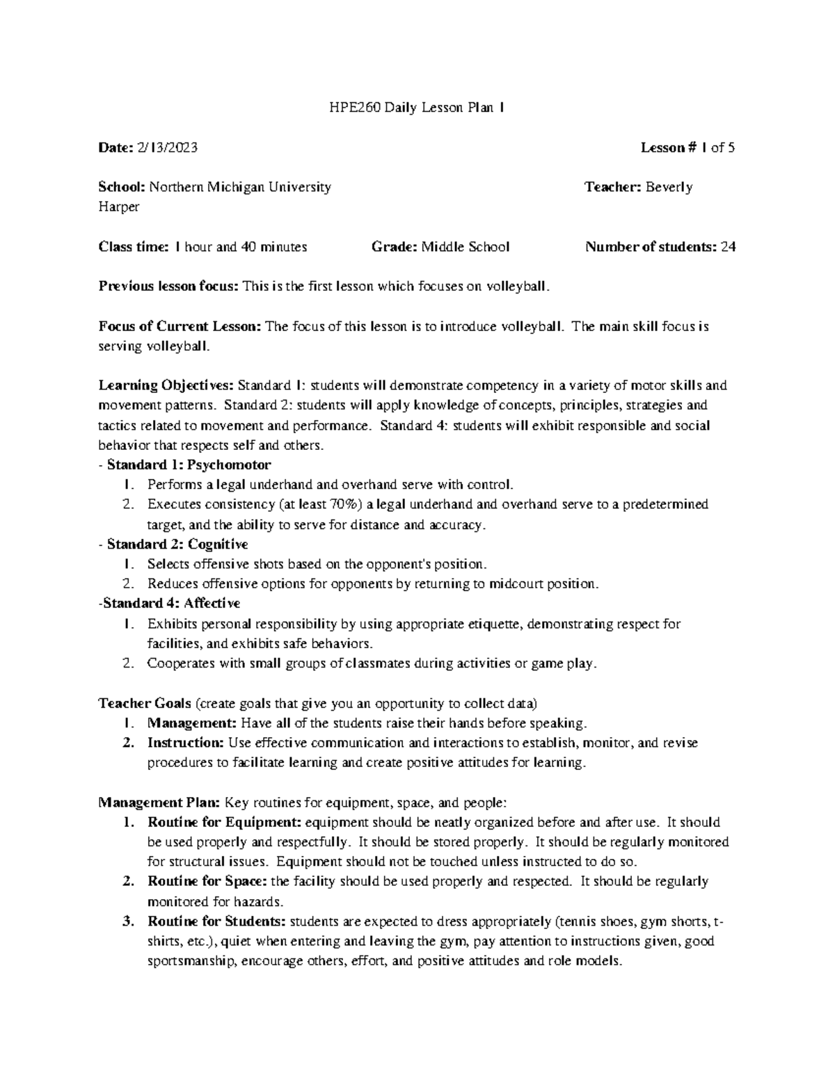 HPE260 Daily Lesson Plans - Focus of Current Lesson: The focus of this ...