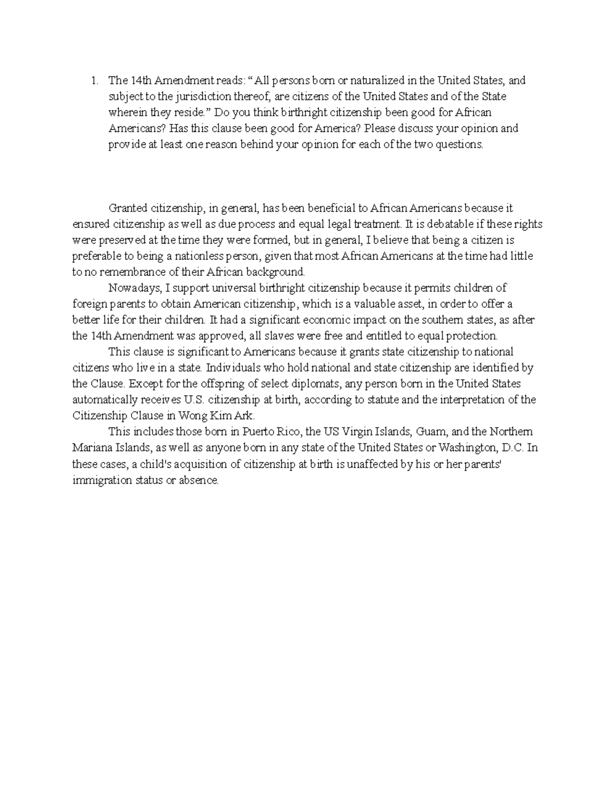 Unit 5 Essay-pdf - The 14th Amendment reads: “All persons born or ...