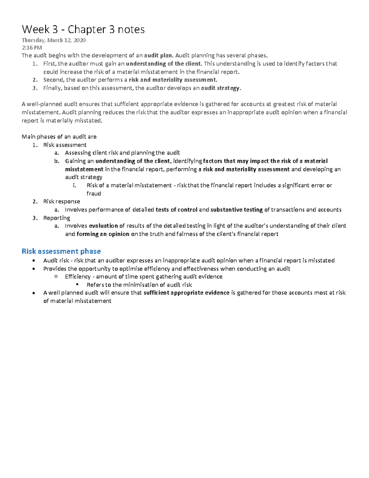 Audit And Assurance Acc3600 Week 3 Notes Week 3 Chapter 3 Notes Thursday March 12 2020 2
