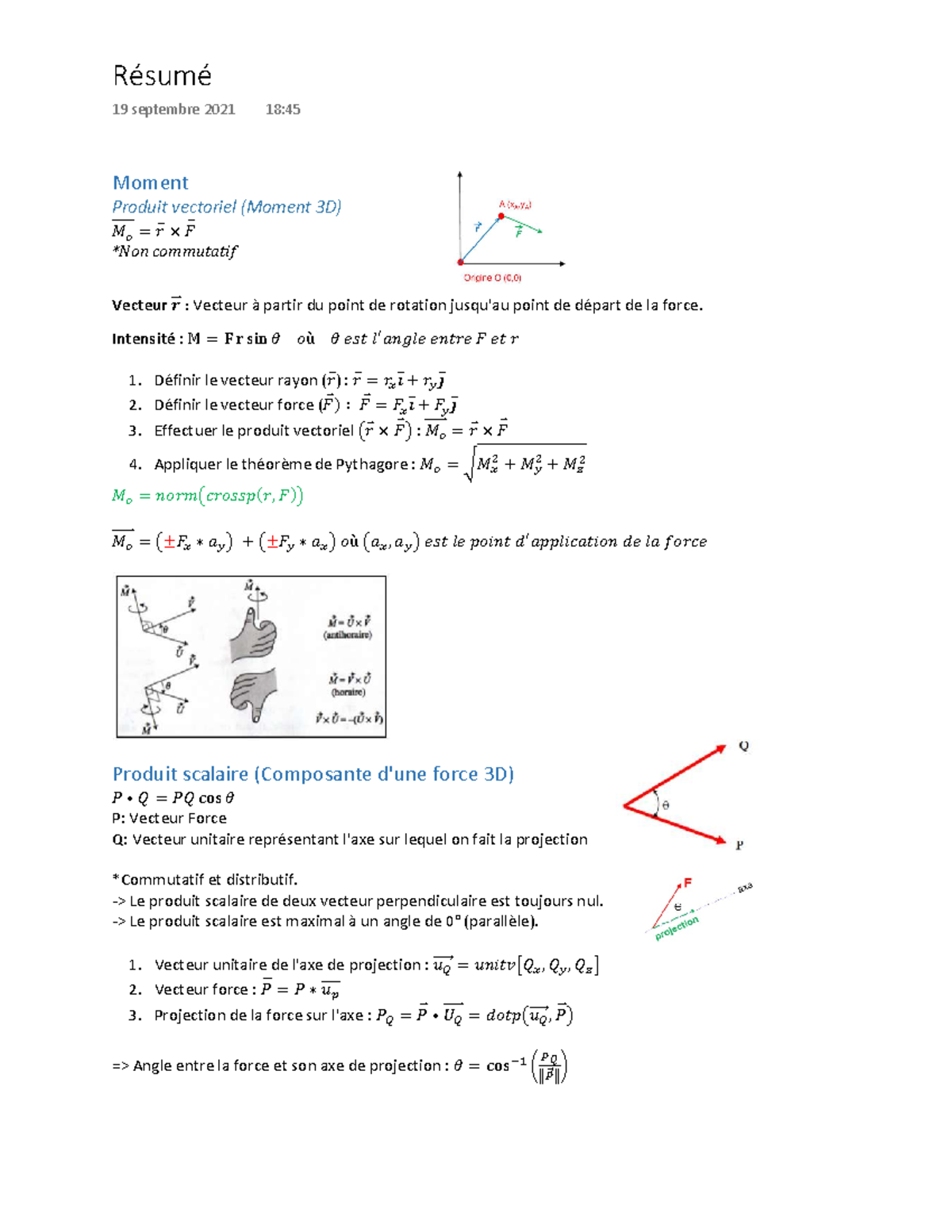 Résumé TP#2 - Lecture notes. - Moment Produit vectoriel (Moment 3D) 𝑀 ...