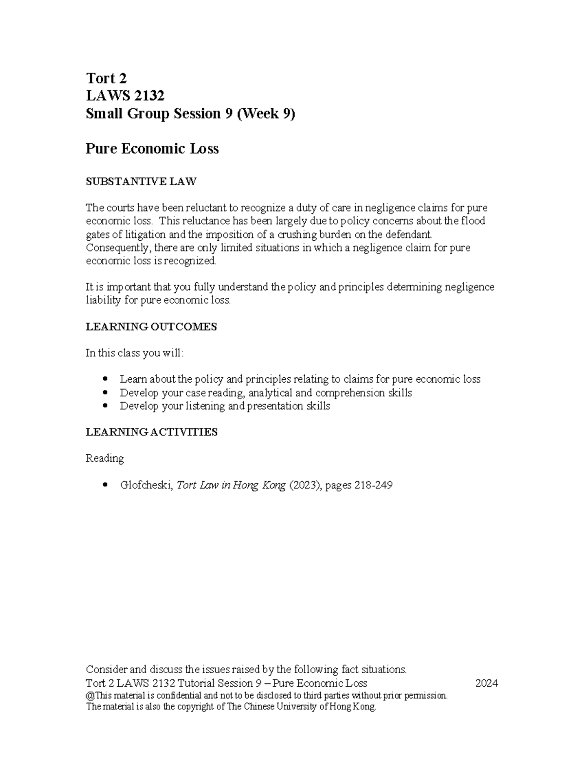 Week 9 Tutorial - Pure Economic Loss - Tort 2 LAWS 2132 Small Group Session 9 (Week 9) Pure ...