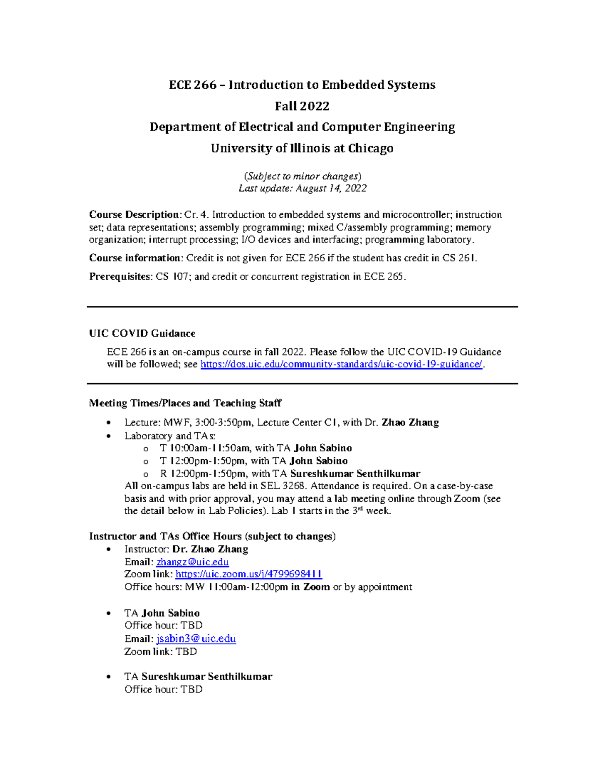 ECE266-Syllabus-F22 - syl - ECE 266 – Introduction to Embedded Systems Fall 2022 Department of ...