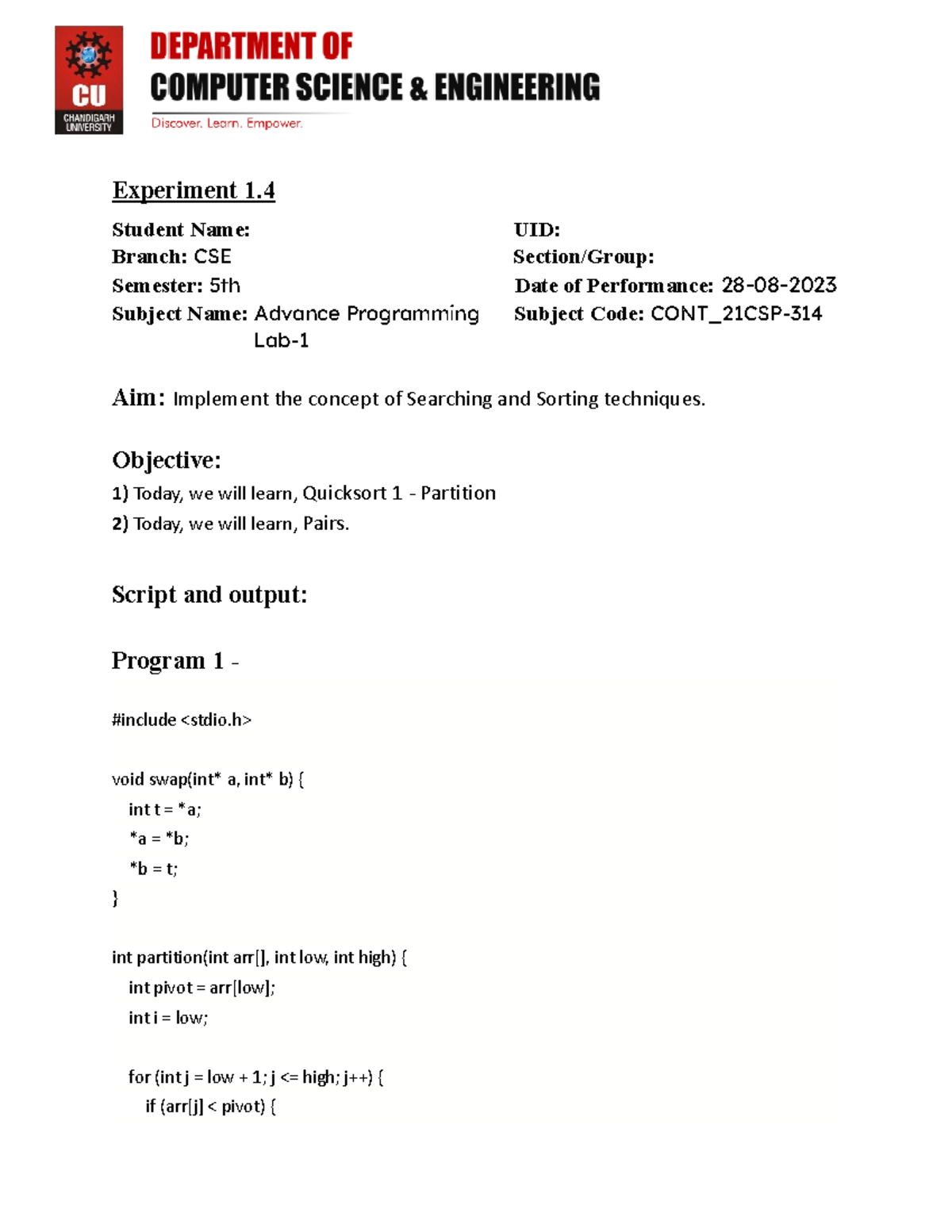 AP 2 - This is wokrsheet. - Experiment 1. Student Name: UID: Branch: CSE Section/Group: Semester ...