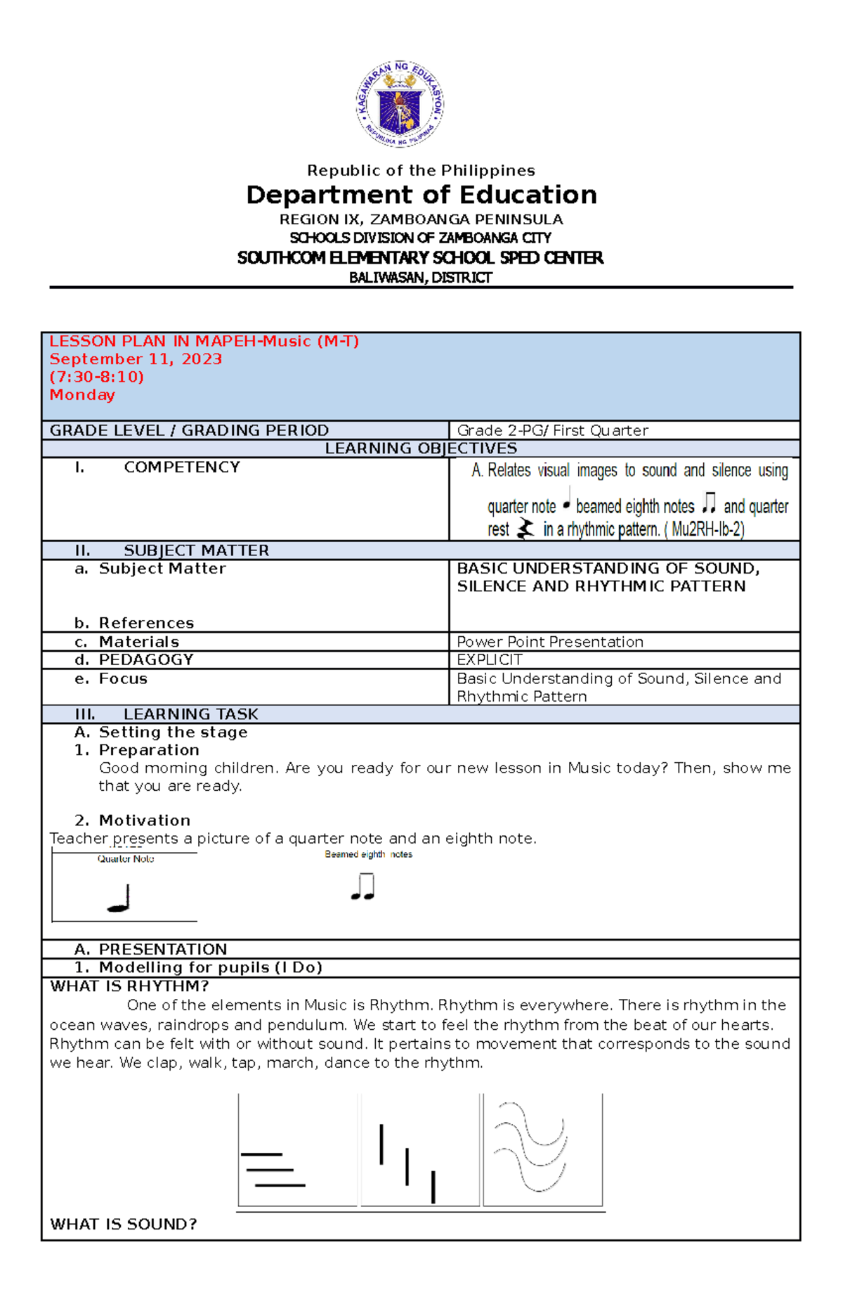 SEPT. 11-15, 2023 - Sample Lesson Plan - Republic of the Philippines ...
