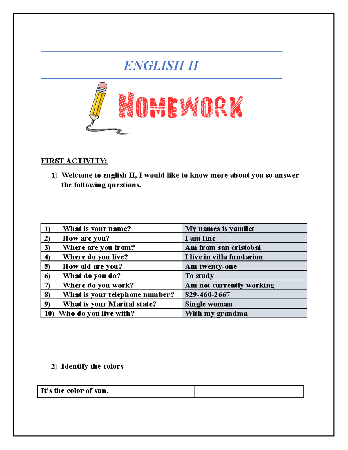 English II First Homework - ENGLISH II FIRST ACTIVITY: Welcome to ...