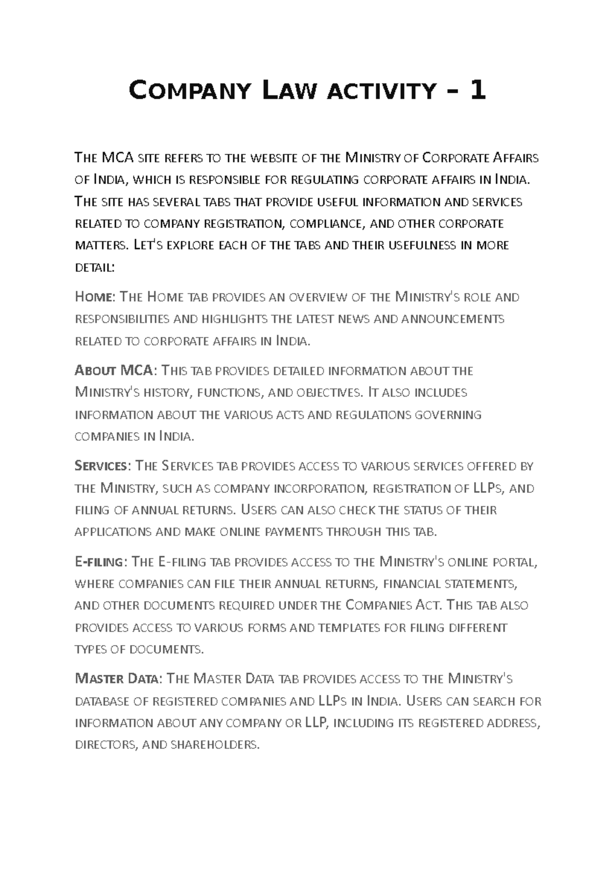 Company Law activity - COMPANY LAW ACTIVITY – 1 THE MCA SITE REFERS TO ...