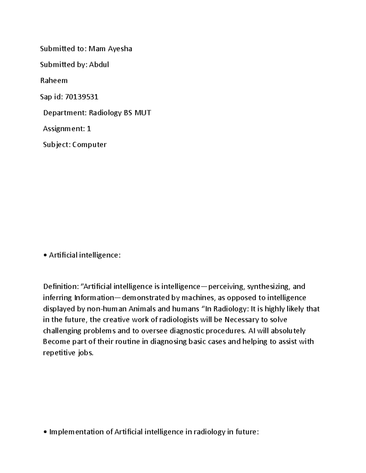 Abdul Raheem computer assignment about Artificial intelligence - Submitted to: Mam Ayesha ...