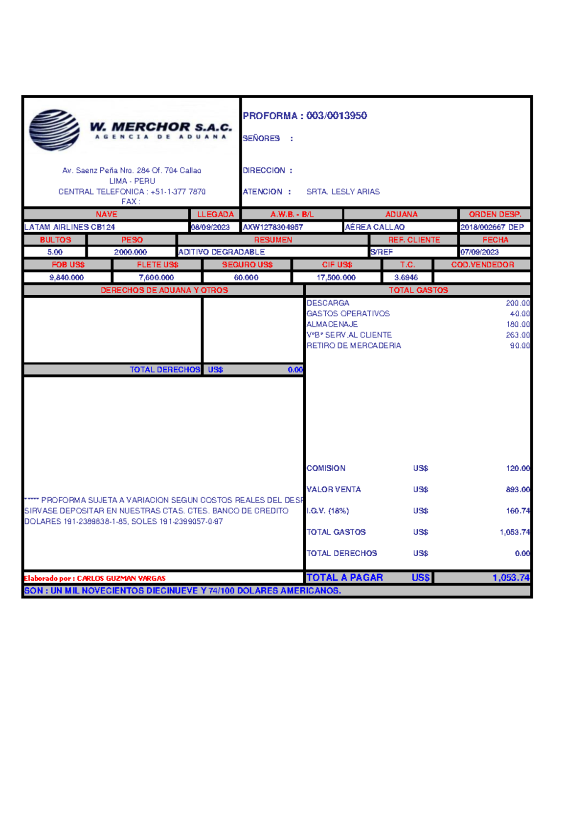 Proforma 631011394 - Merchor - BY AIR - ALMACENAJE Elaborado por ...
