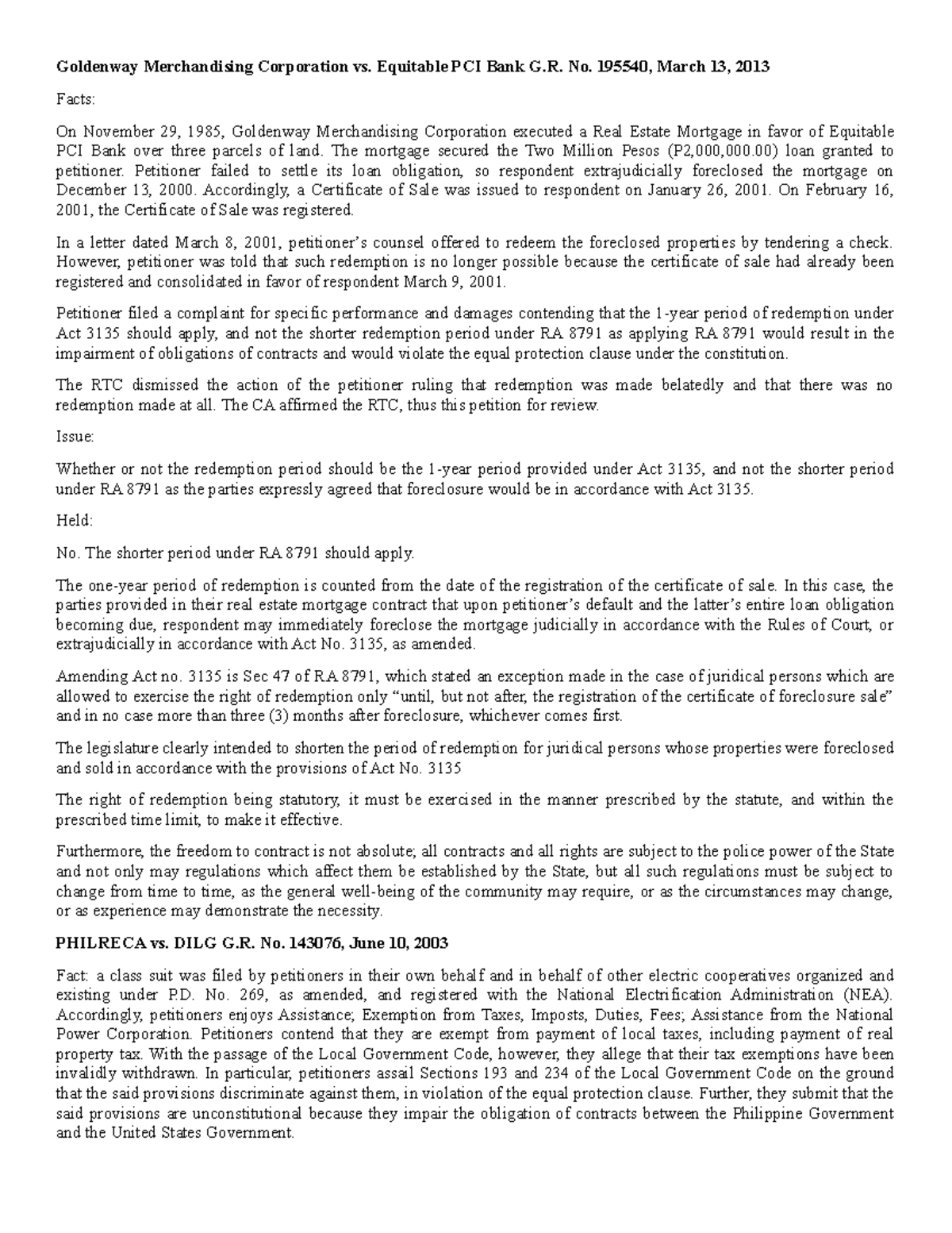 Consti 2 cases - Goldenway Merchandising Corporation vs. Equitable PCI ...