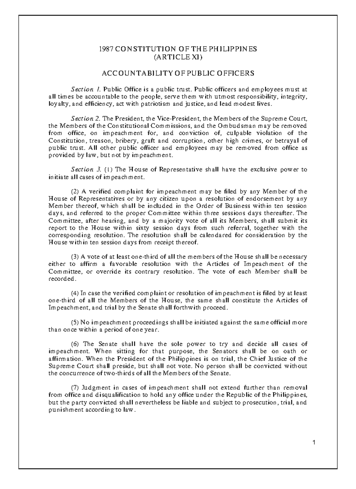 Article XI 1987 Philippine Constitution - 1987 CONSTITUTION OF THE ...
