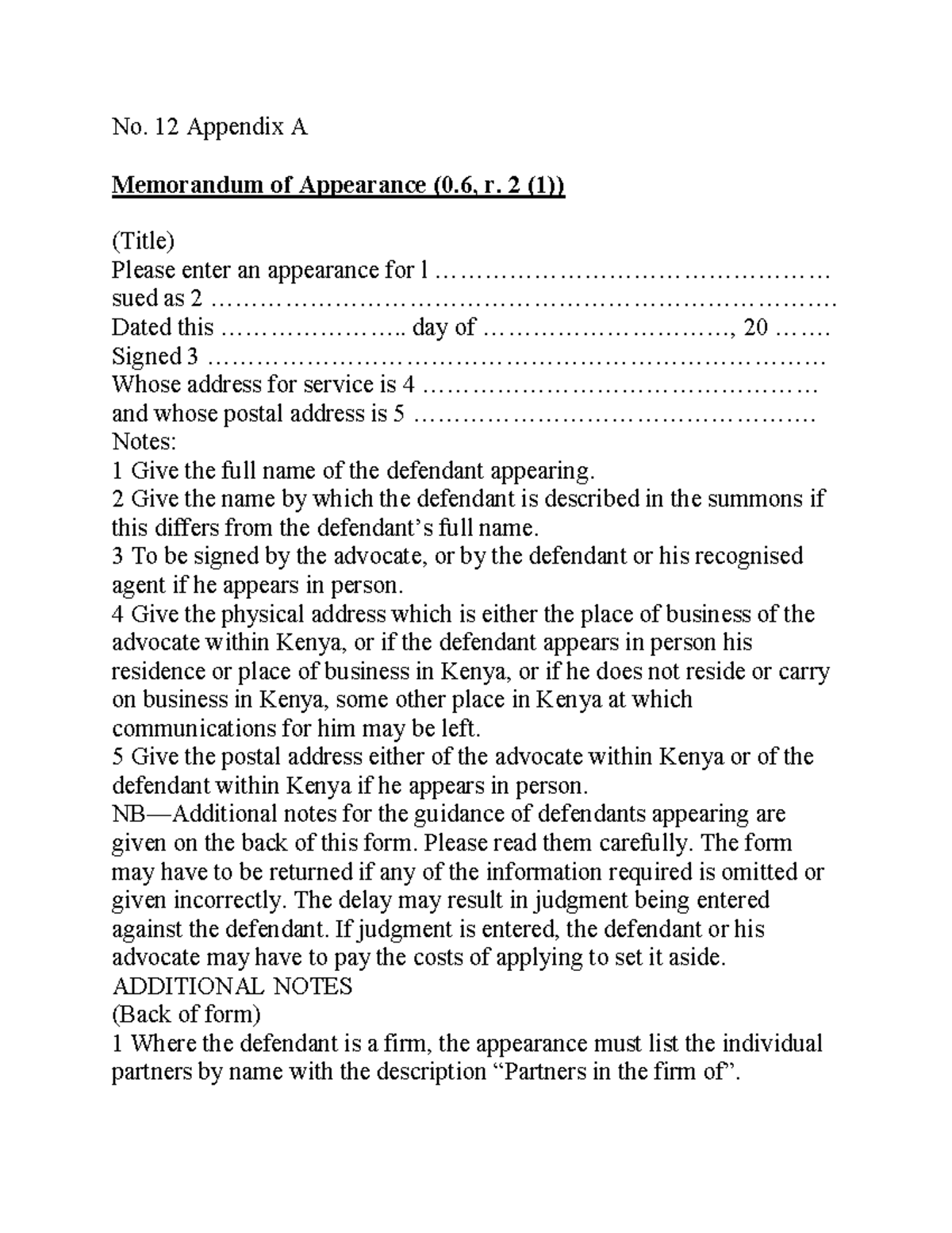 FORM 12A - Memorandum OF Appearance - No. 12 Appendix A Memorandum of ...
