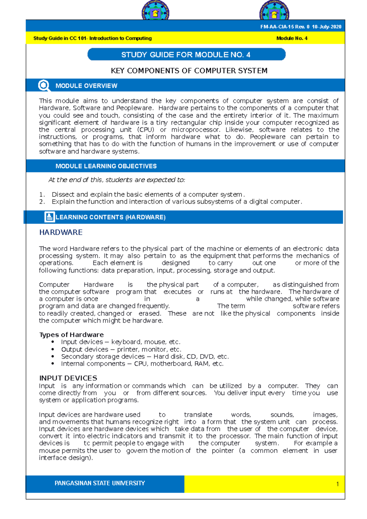 CC-101-SG4 - for IT students - PANGASINAN STATE UNIVERSITY Study Guide in CC 101- Introduction ...