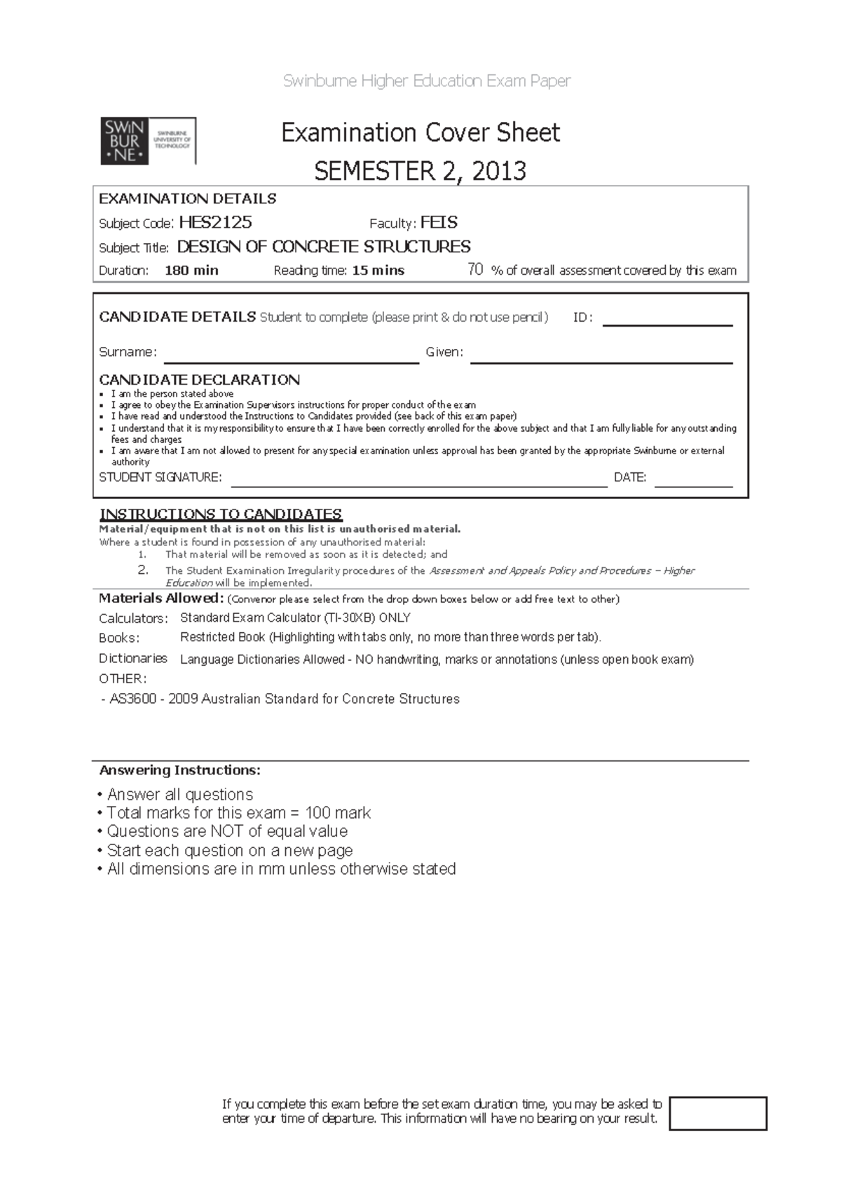 Exam 2013, questions - Swinburne Higher Education Exam Paper ...