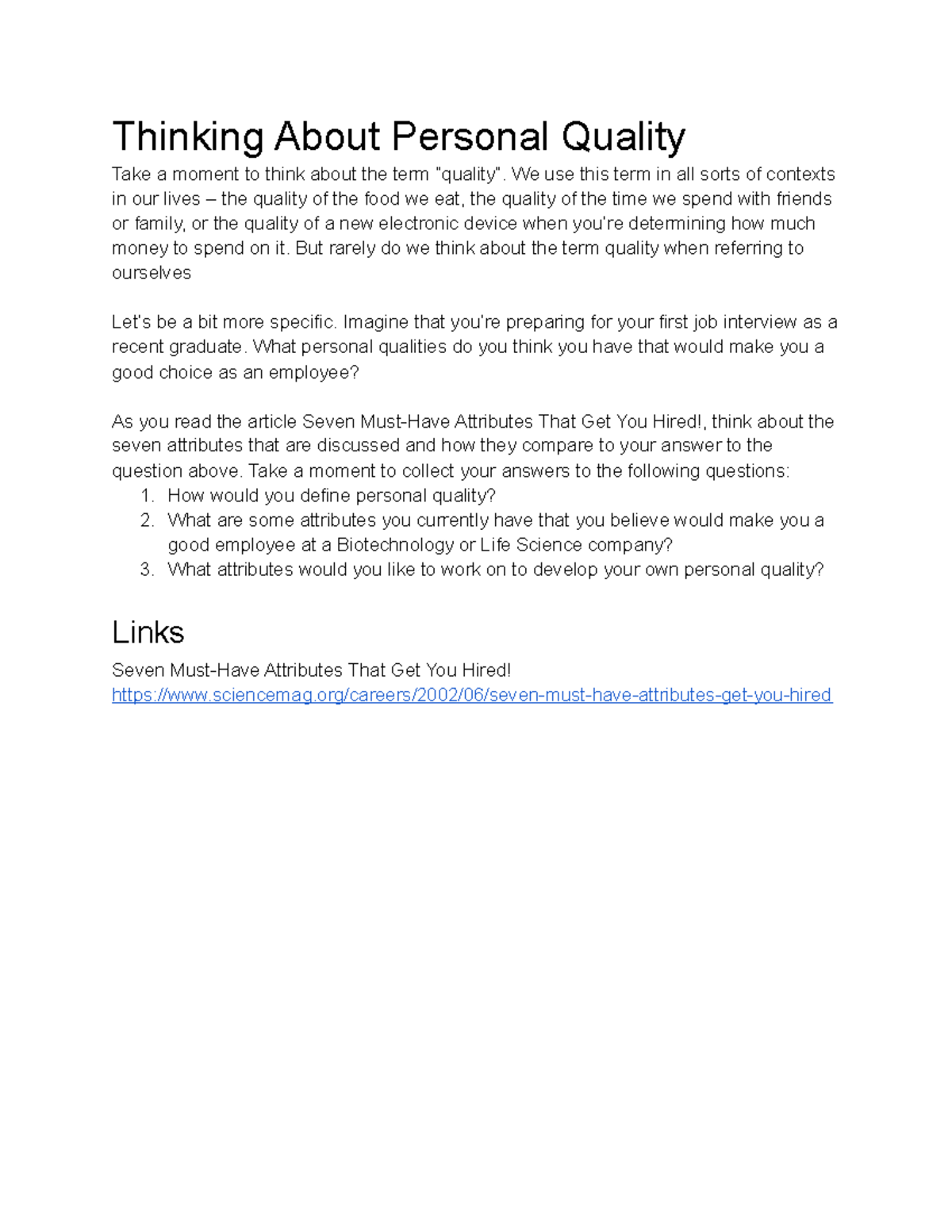 Personal and Professional Quality Pt. 1 - Thinking About Personal ...