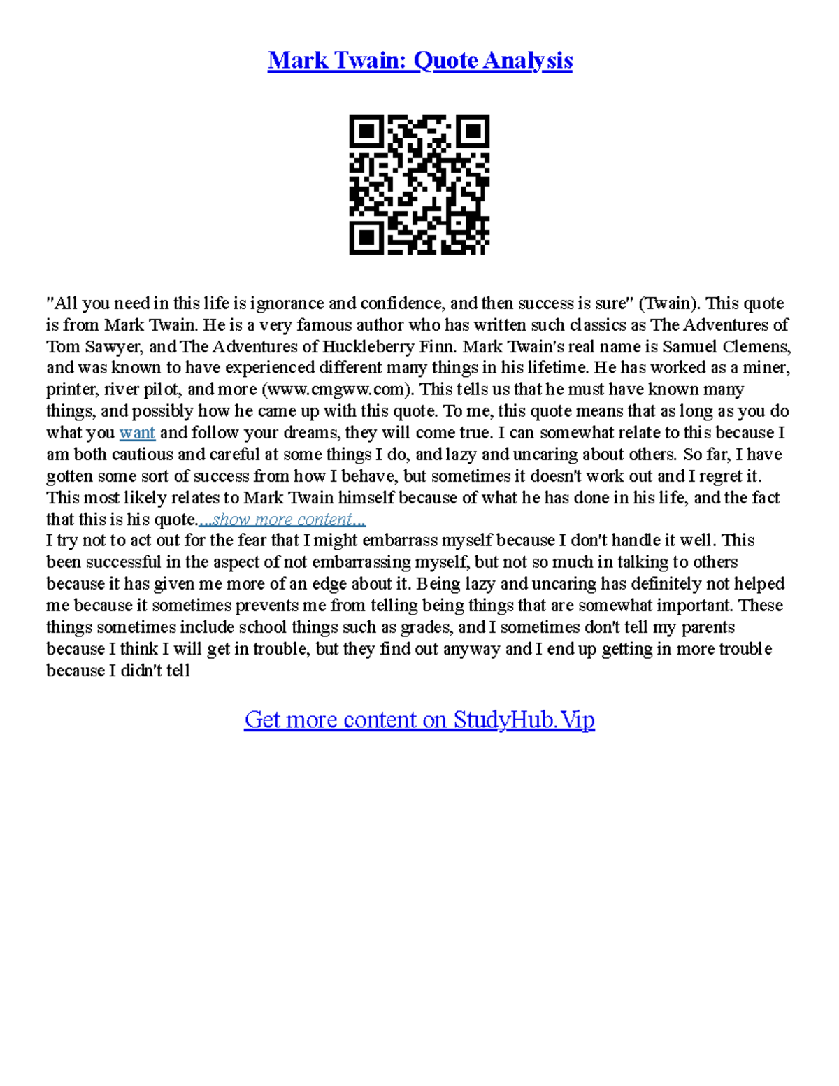 Famous Essays Famous Essays - Mark Twain: Quote Analysis "All you need ...