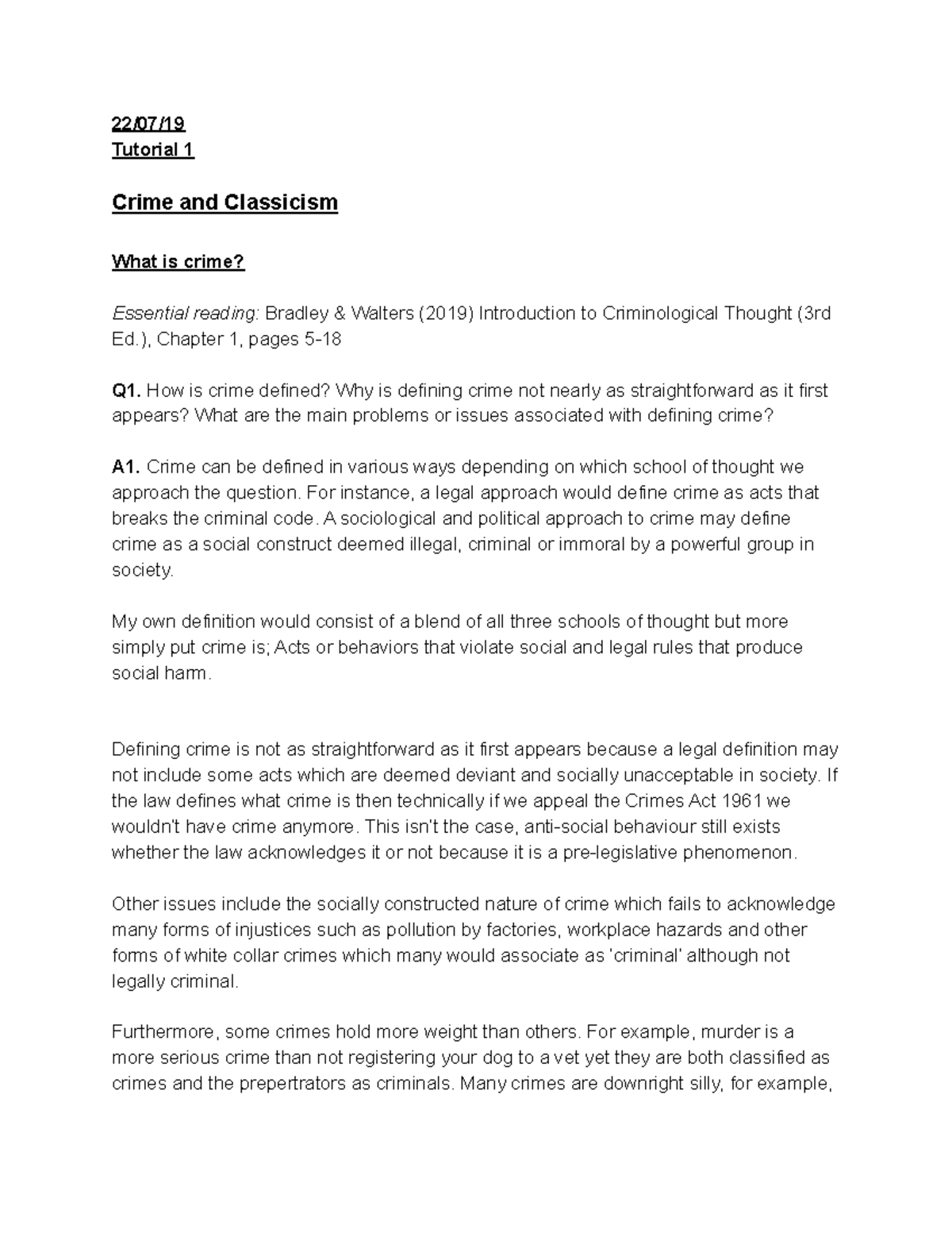 CRIM111-Tutorial 1 - tut - 22/07/19Tutorial 1 Crime and Classicism What ...