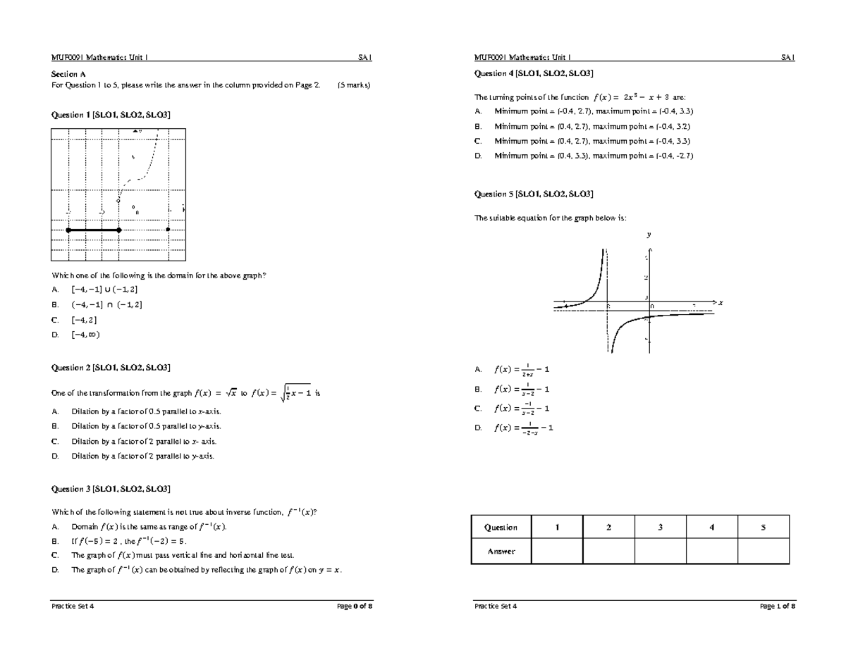 Practice Set 4 - Section A For Question 1 to 5, please write the answer ...