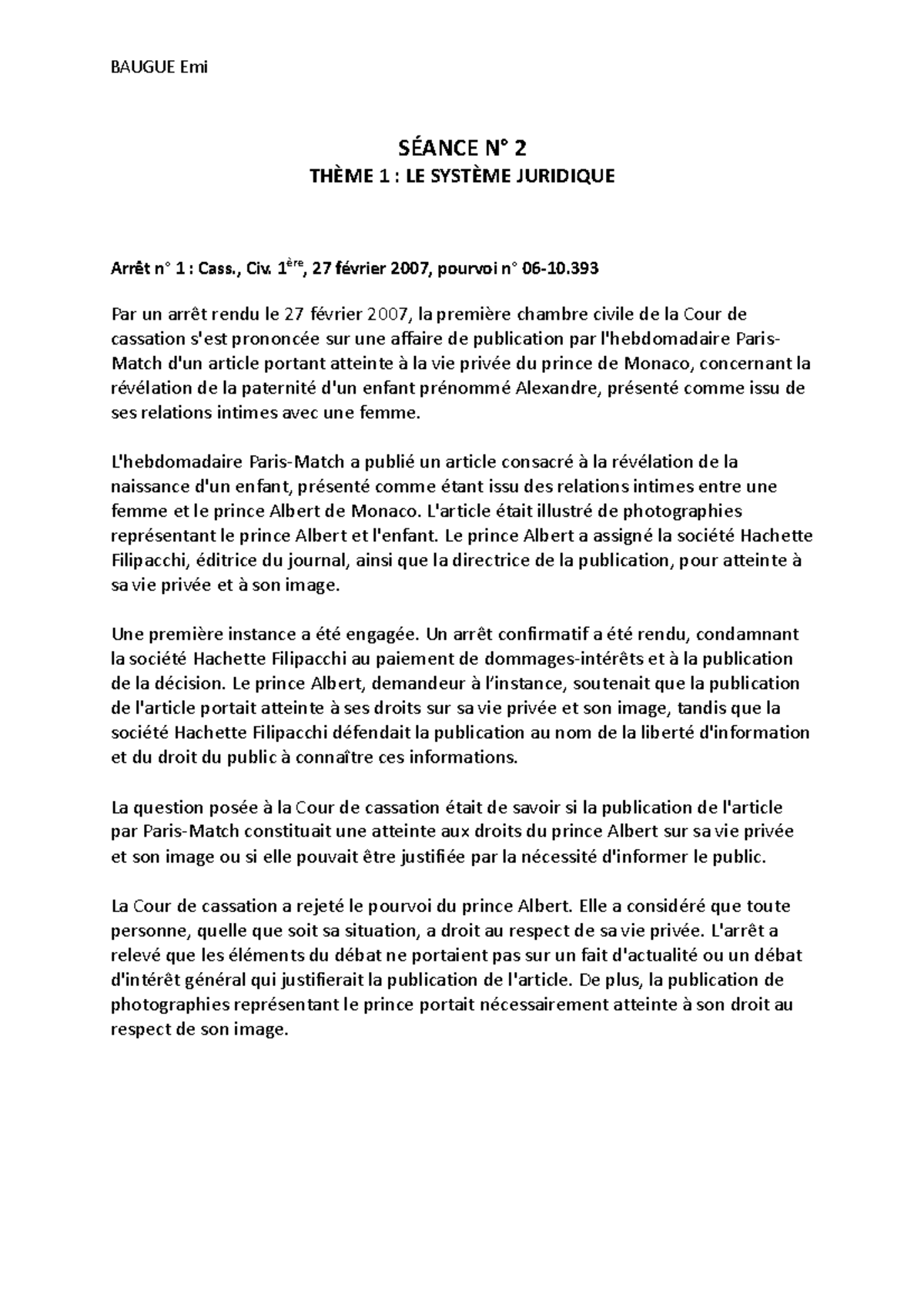 TD n'2 Introduction général au droit - BAUGUE Emi SÉANCE N° 2 THÈME 1 ...