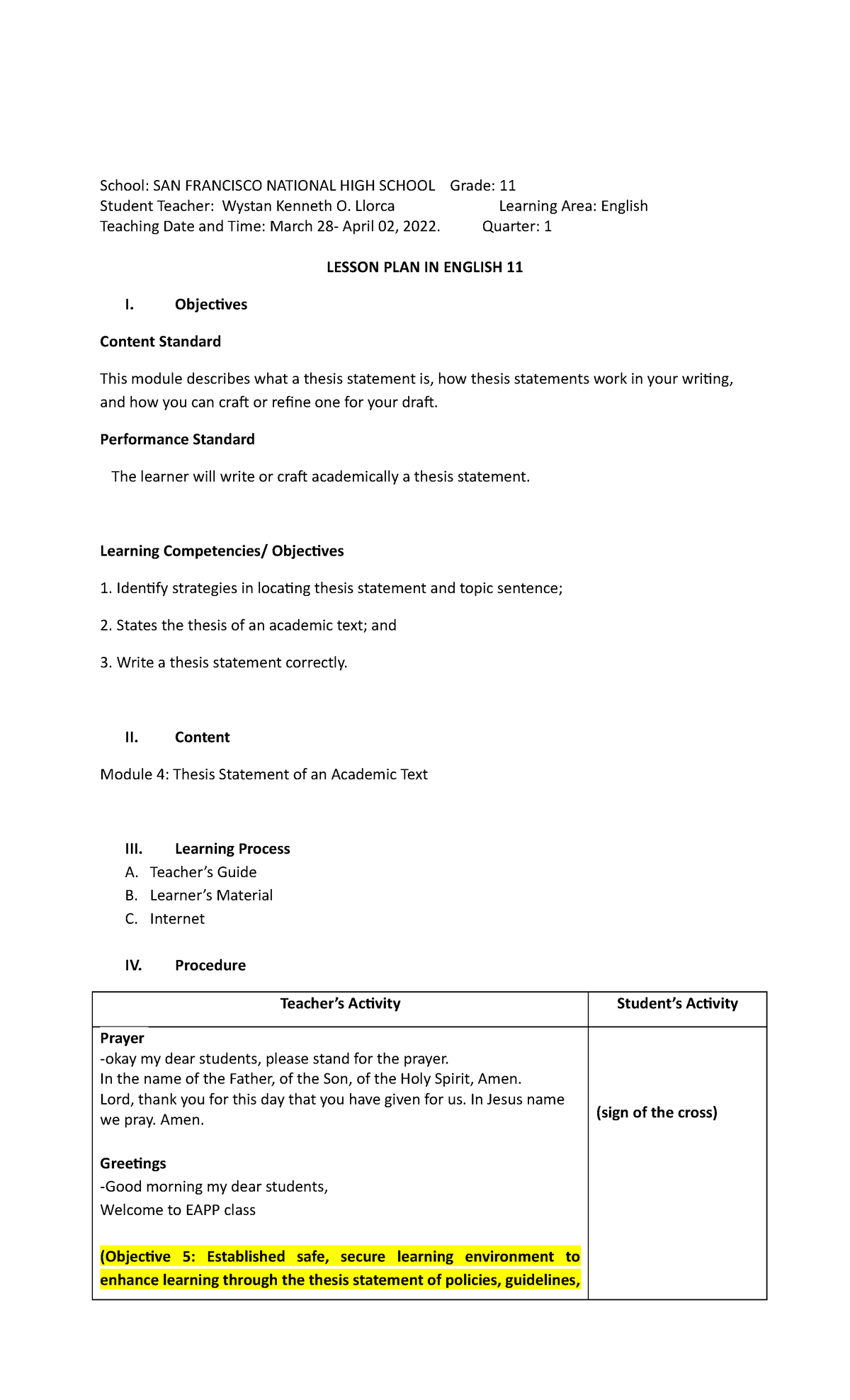 DLP#1 - Detailed Lesson Plan - School: SAN FRANCISCO NATIONAL HIGH ...