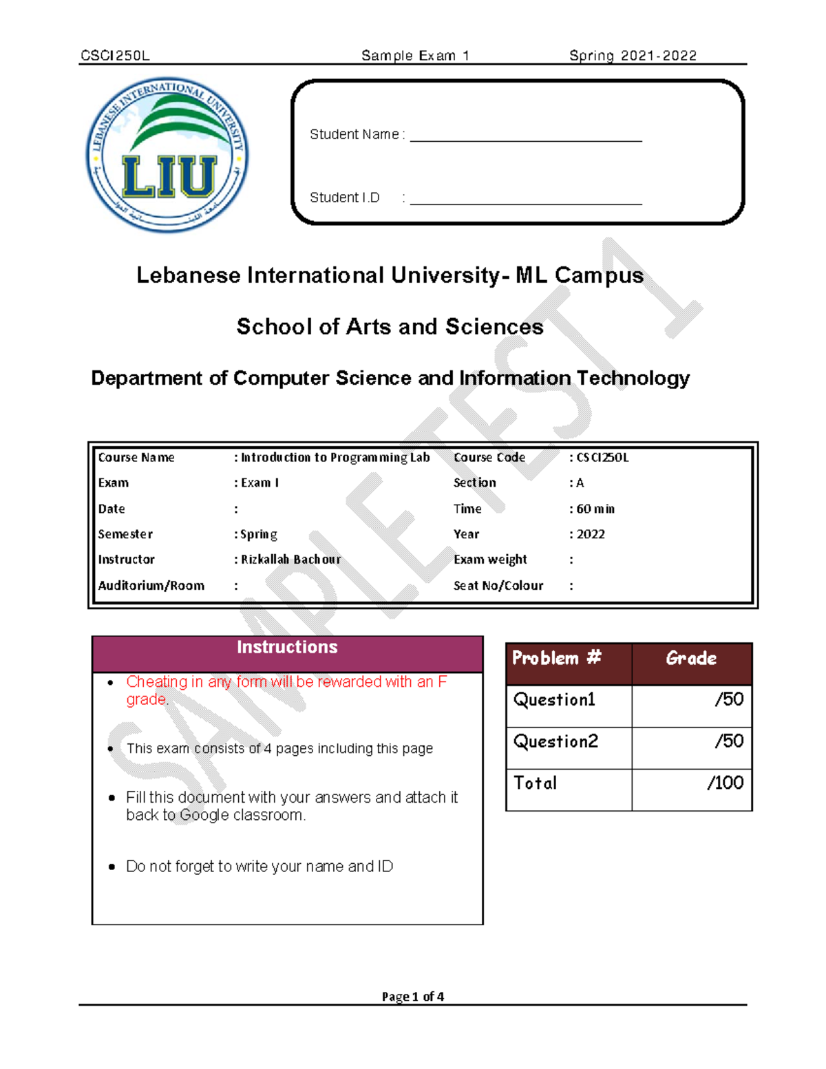 CSCI250 L Sample Test - Spring 2022 - Lebanese International University ...