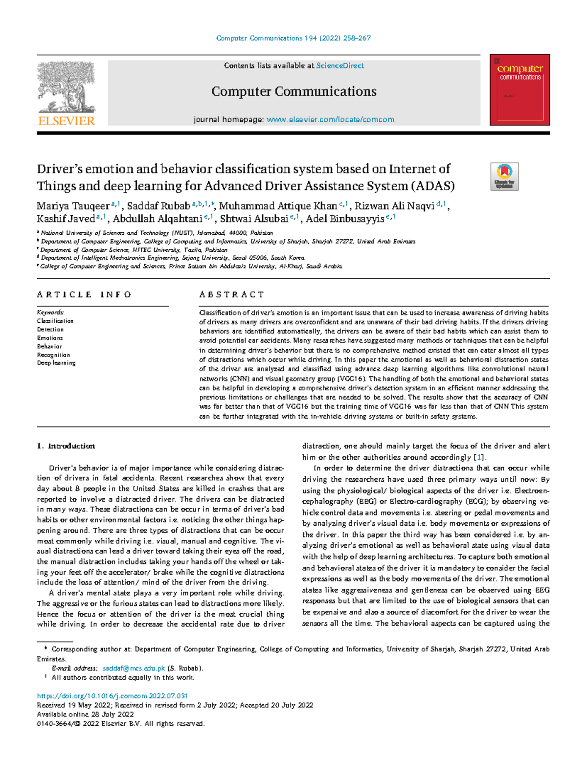 Driver emotion classification system - Computer Communications 194 ...