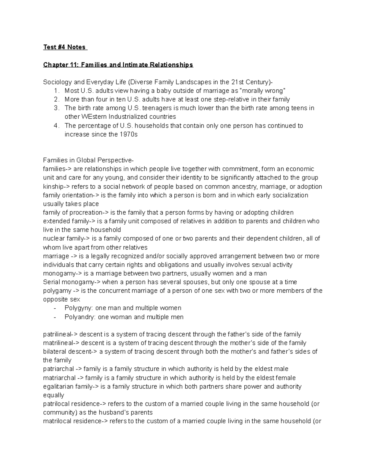 Test #4 Class Notes - Test #4 Notes Chapter 11: Families and Intimate ...