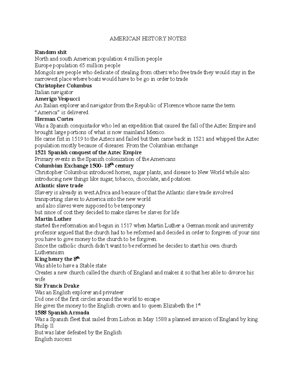 American History Notes - AMERICAN HISTORY NOTES Random shit North and ...
