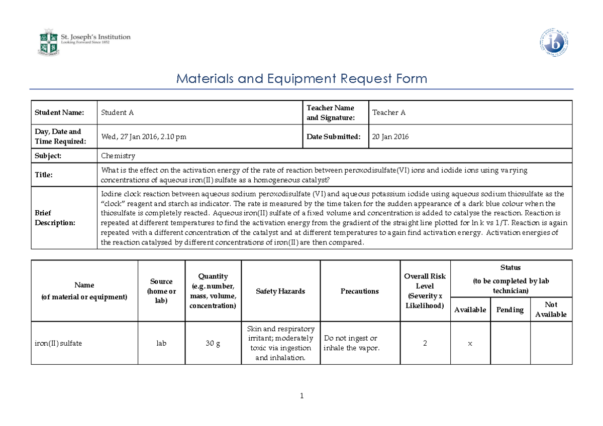 MRF Form Sample - 1 Materials and Equipment Request Form Student Name ...