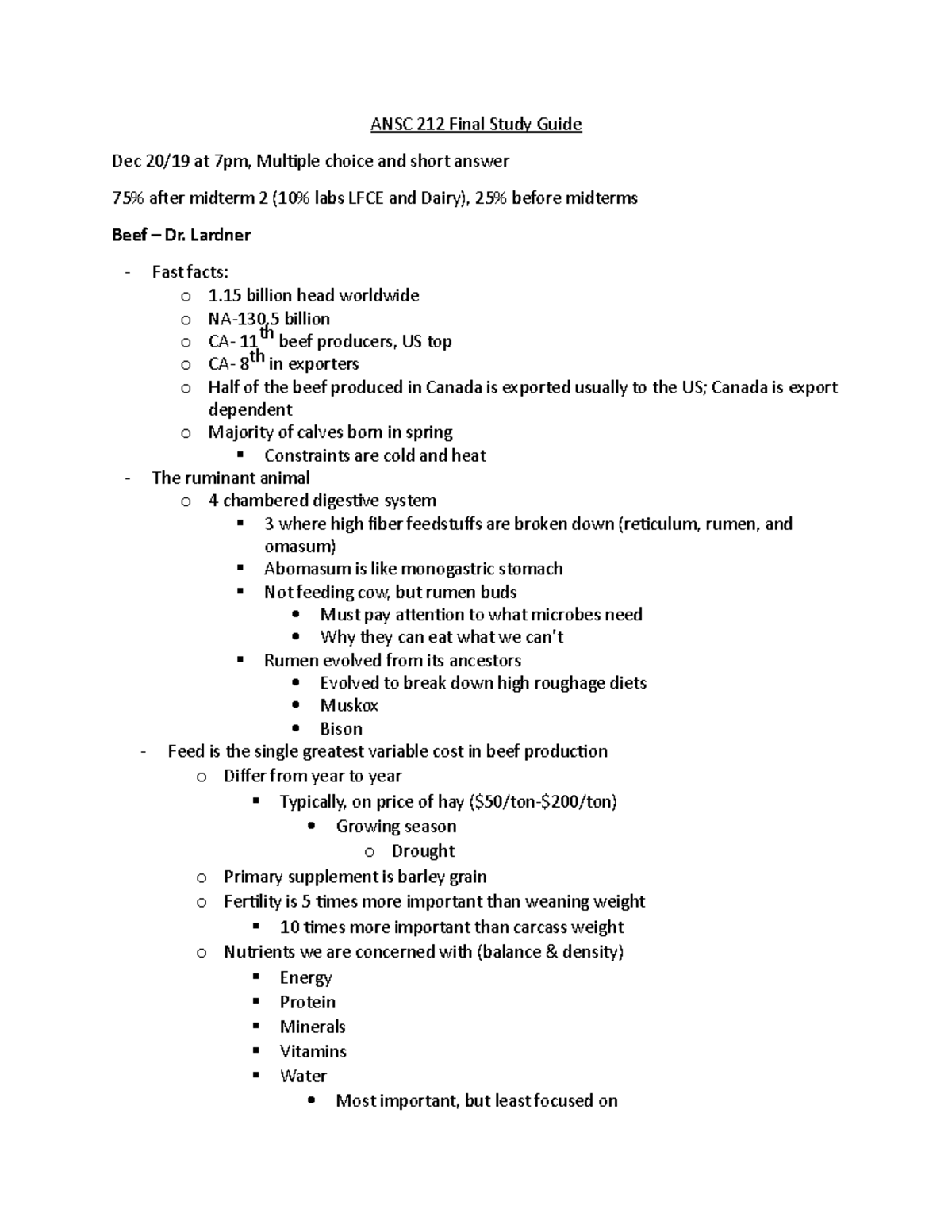 ANSC 212 Final - ANSC 212 Final Study Guide Dec 20/19 at 7pm, Multiple ...
