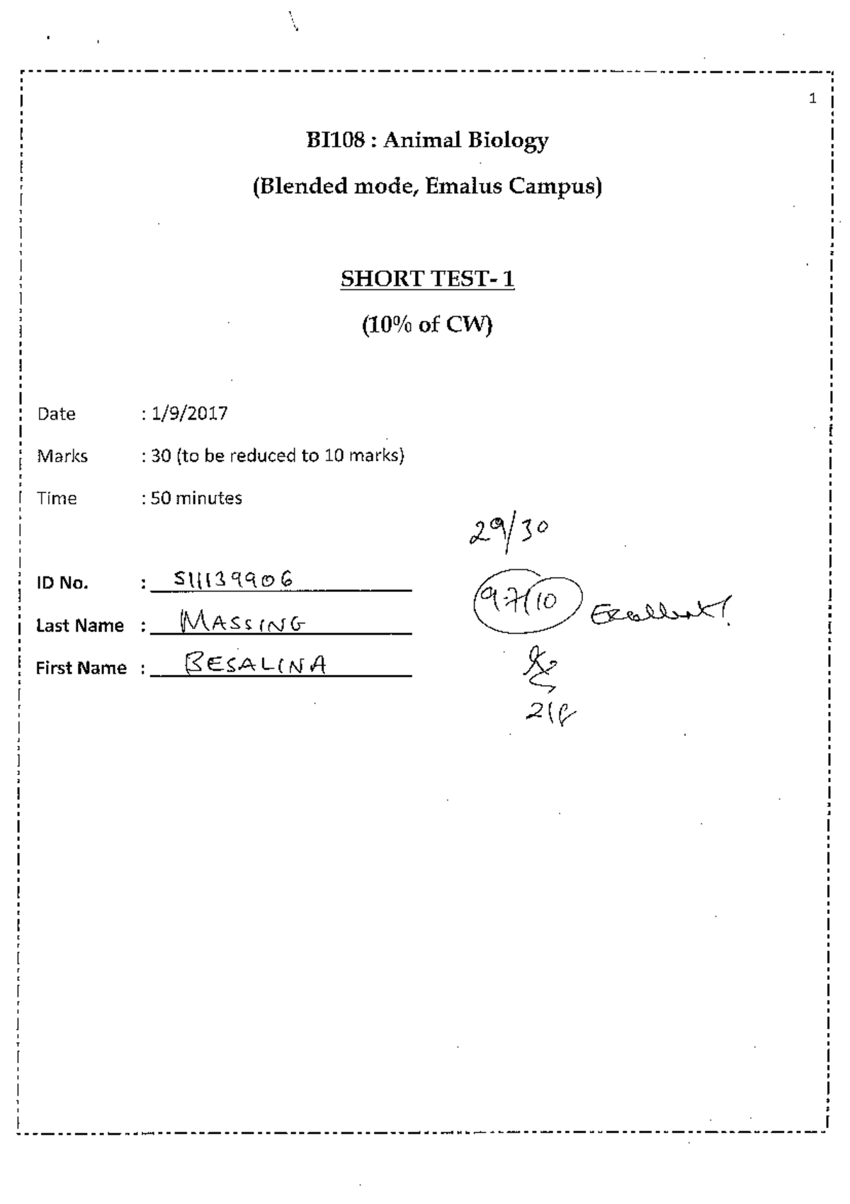 Marked test-1 paper - For testing a prior knowledge on the course ...