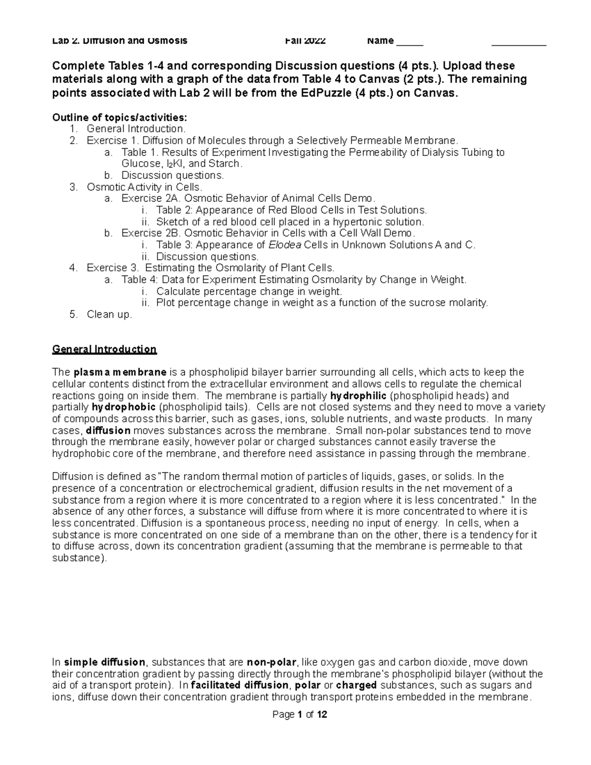 Bio lab 2. Diffusion and Osmosis - Complete Tables 1-4 and ...