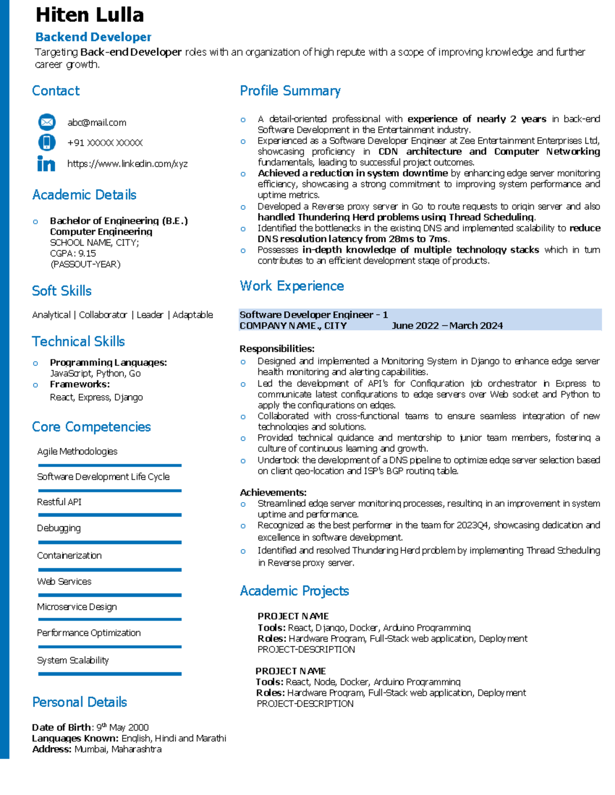 Resume-Template - Gshsn - Contact abc@mail +91 XXXXX XXXXX linkedin/xyz ...