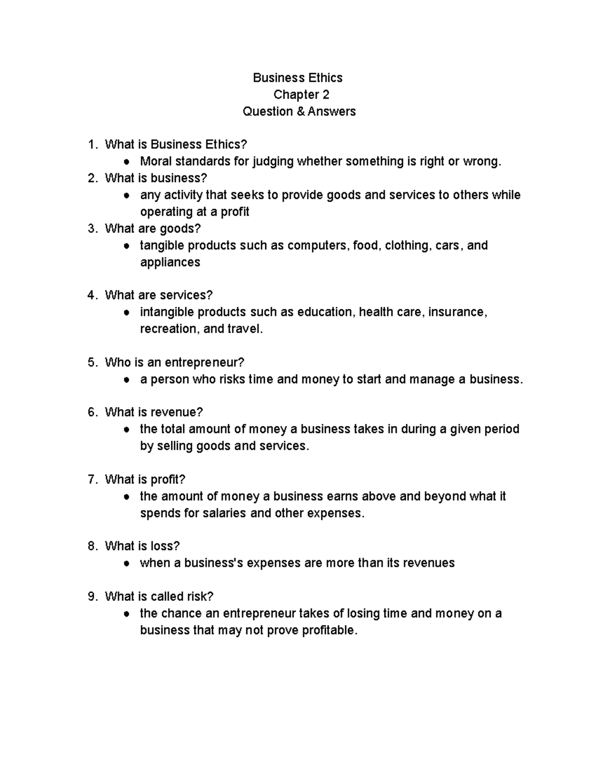 Business Ethics chapter 2 Q&A doc 2 - Business Ethics Chapter 2 ...