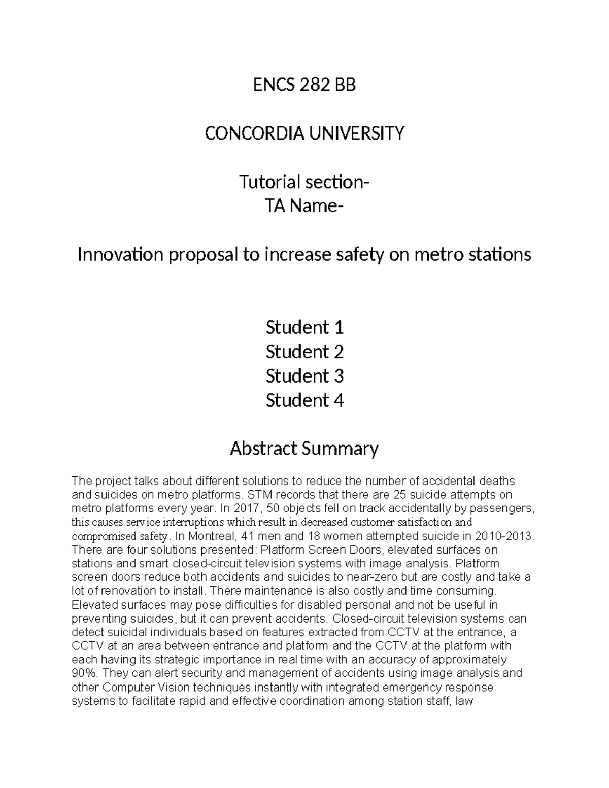 ENCS 282 Project Draft - ENCS 282 BB CONCORDIA UNIVERSITY Tutorial section- TA Name- Innovation ...