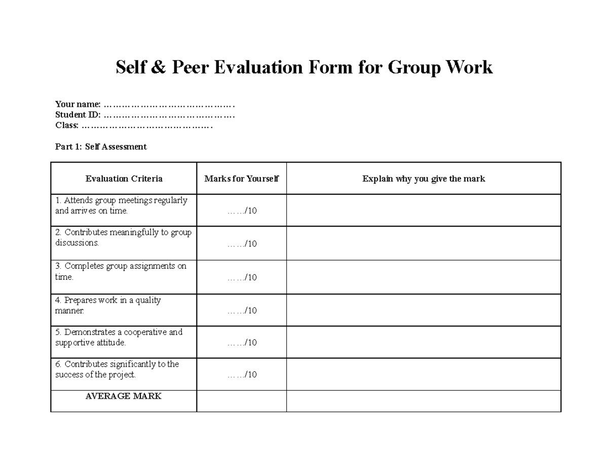 Self Peer Group Assessment Form 1 - Self & Peer Evaluation Form for ...