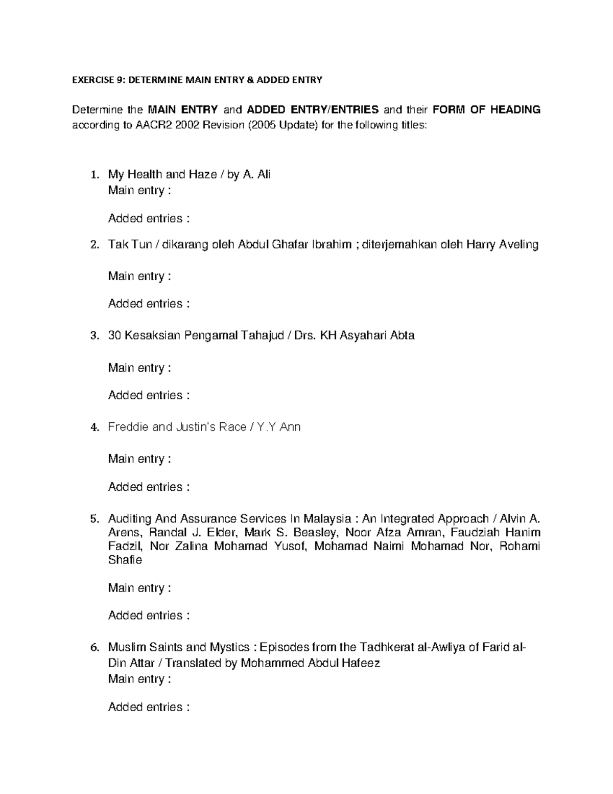 Exercise 9 - Chapter 9 Determine Main & Added Entry - EXERCISE 9 ...