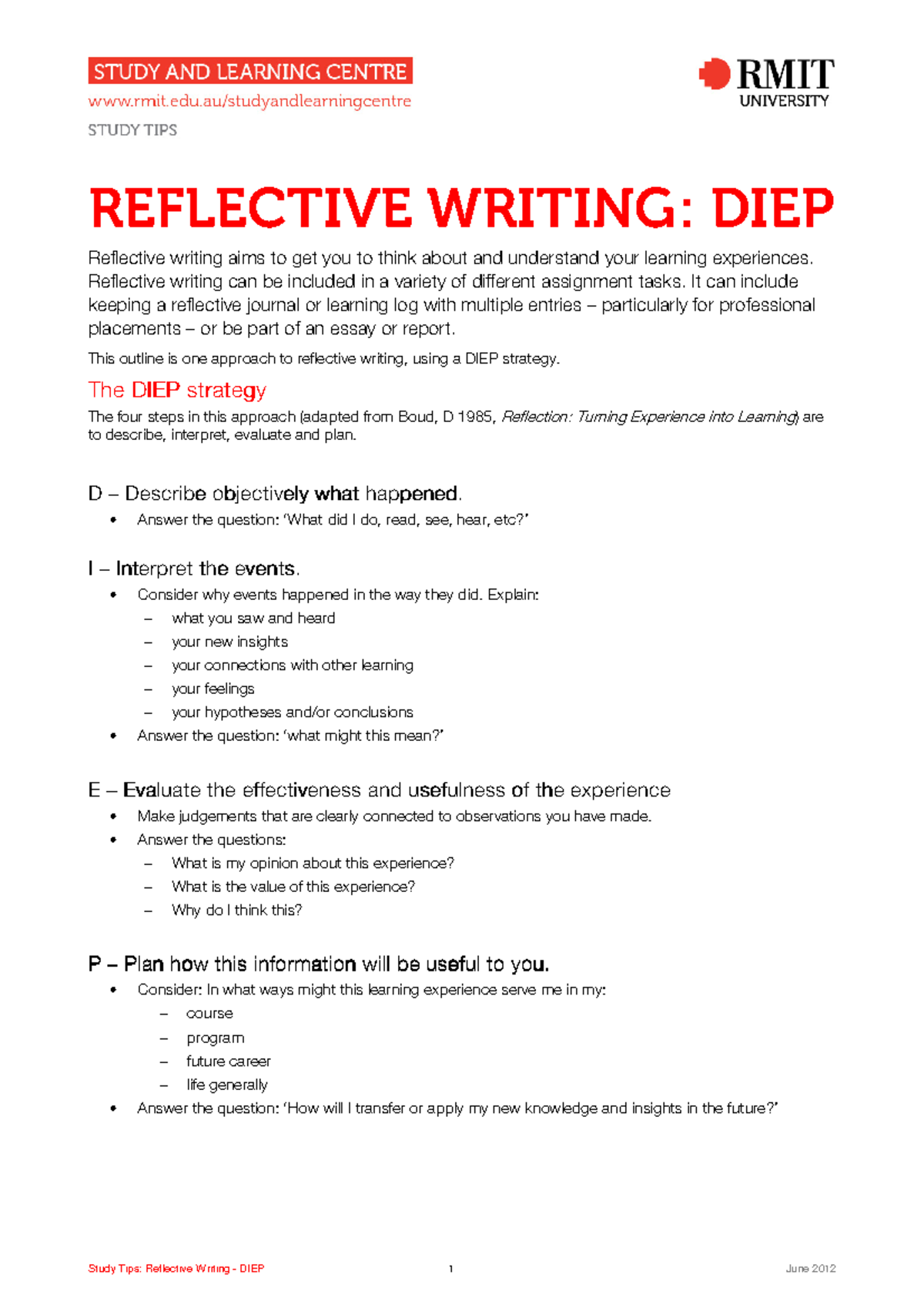 DIEP- Reflective journal - ####### Study Tips: Reflective Writing ...